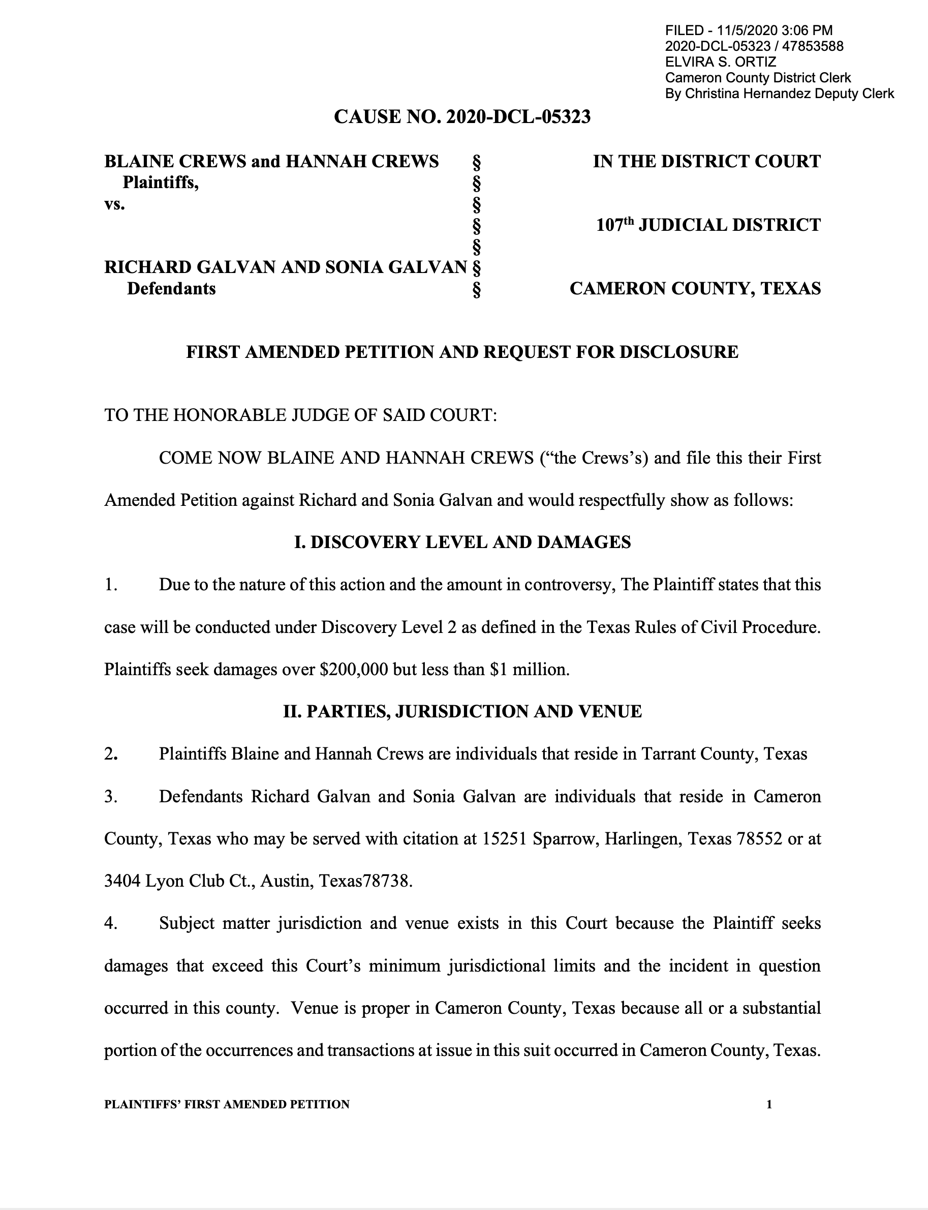 The Crews’s file lawsuit against Richard Galvan and Sonia Galvan ...